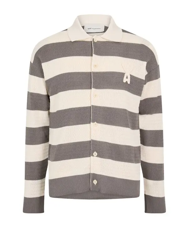 AMI Paris Striped Knit Cardigan With Applique