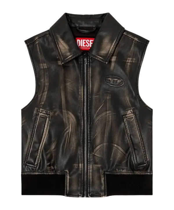 DIESEL® Sleeveless Leather Jacket With Classic Collar - Black