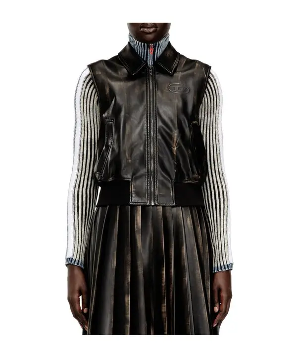 DIESEL® Sleeveless Leather Jacket With Classic Collar - Black