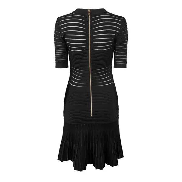 Balmain Ribbed Knit V-neck Dress With Pleated Skirt