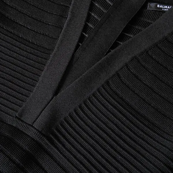 Balmain Ribbed Knit V-neck Dress With Pleated Skirt