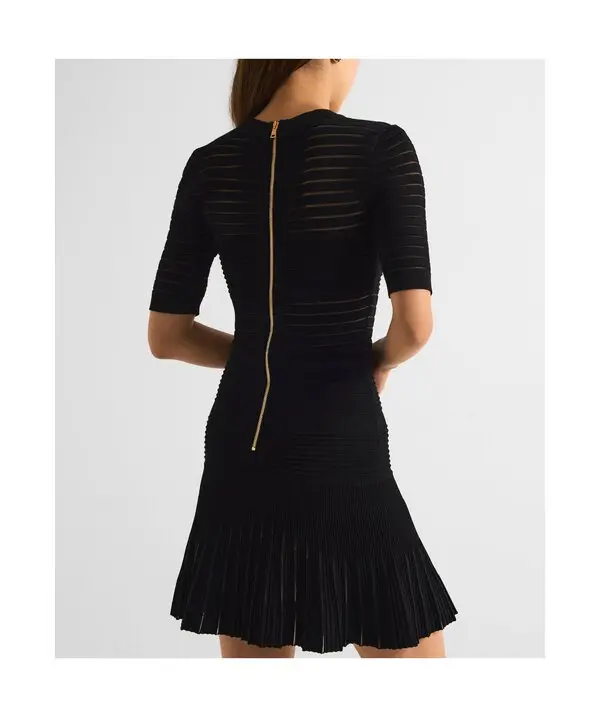 Balmain Ribbed Knit V-neck Dress With Pleated Skirt