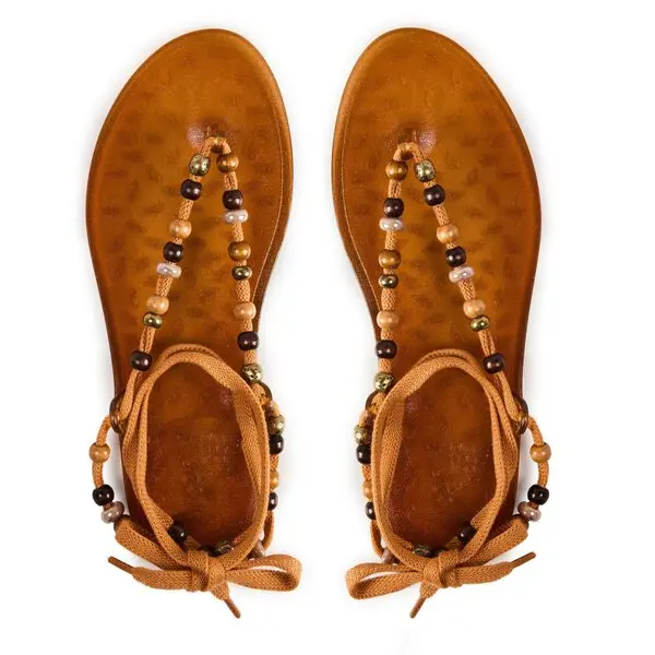 ANCIENT GREEK SANDALS Beaded Flat Sandals With Tie Fastening - Caramel Color