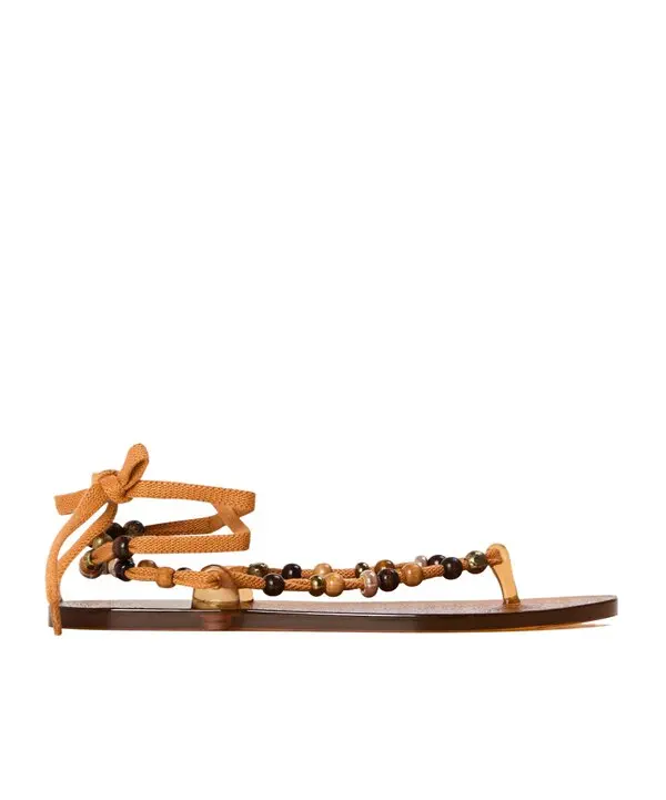 ANCIENT GREEK SANDALS Beaded Flat Sandals With Tie Fastening - Caramel