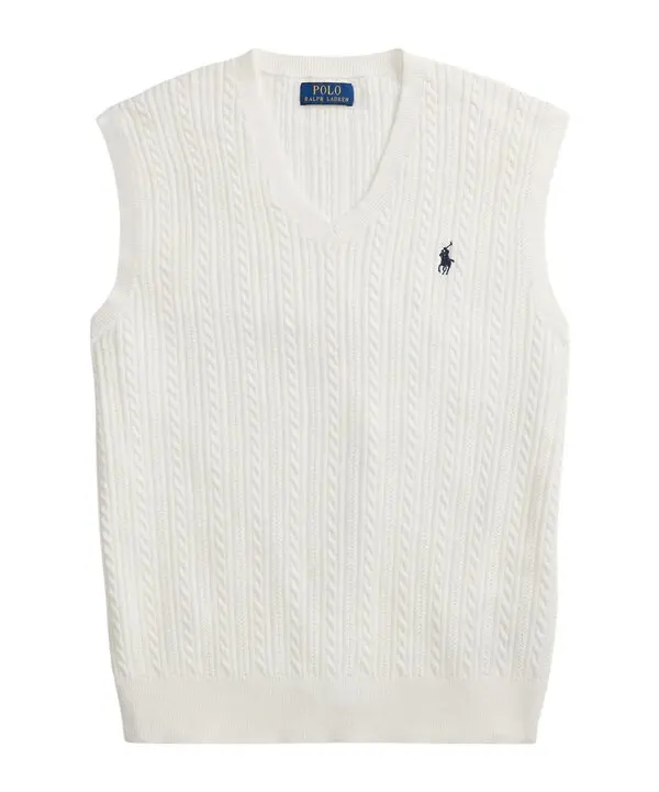 Polo Ralph Lauren Cable Knit Vest With Horse Emblem - White
