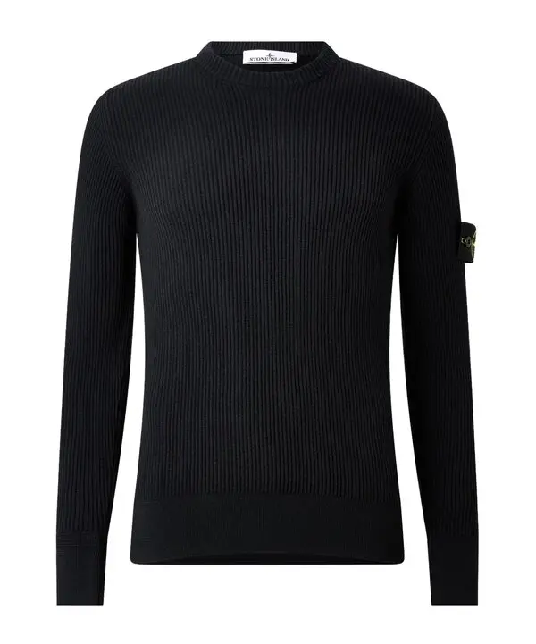 Stone Island Ribbed Crew Neck Knit Sweater With Fitted Long Sleeves - Black