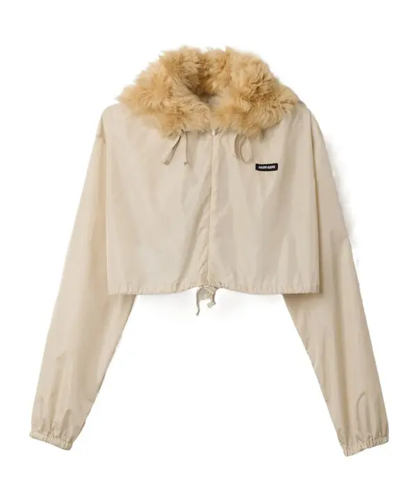 Miu Miu Technical Fabric And Shearling Trimmed Windbreaker - Ivory