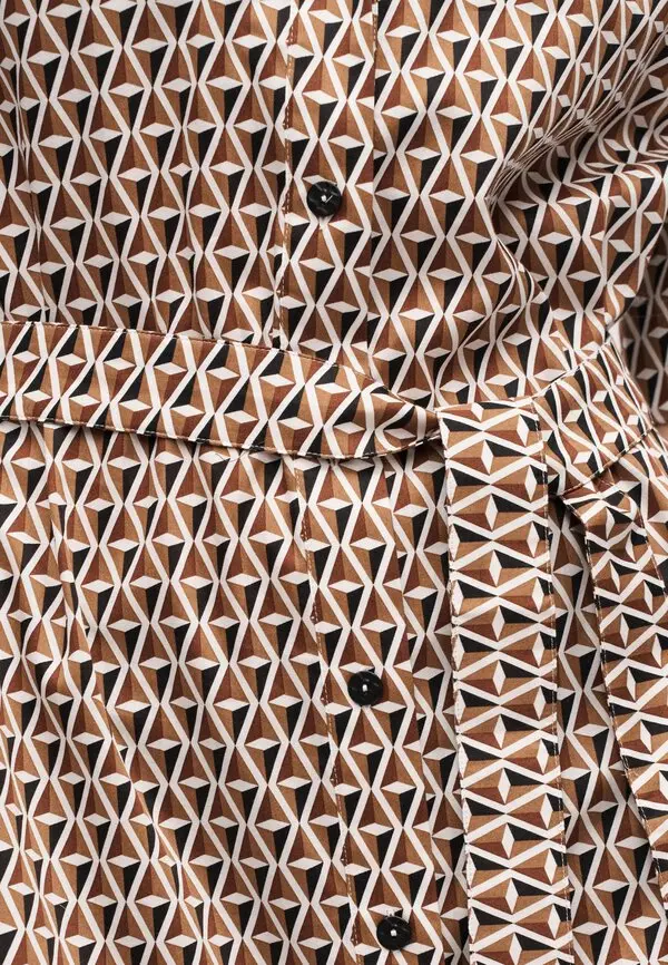 Max Mara Geometric Print Short Sleeve Collared Shirt Dress - Nude
