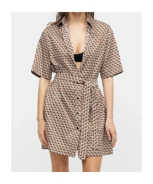 Max Mara Geometric Print Short Sleeve Collared Shirt Dress - Nude