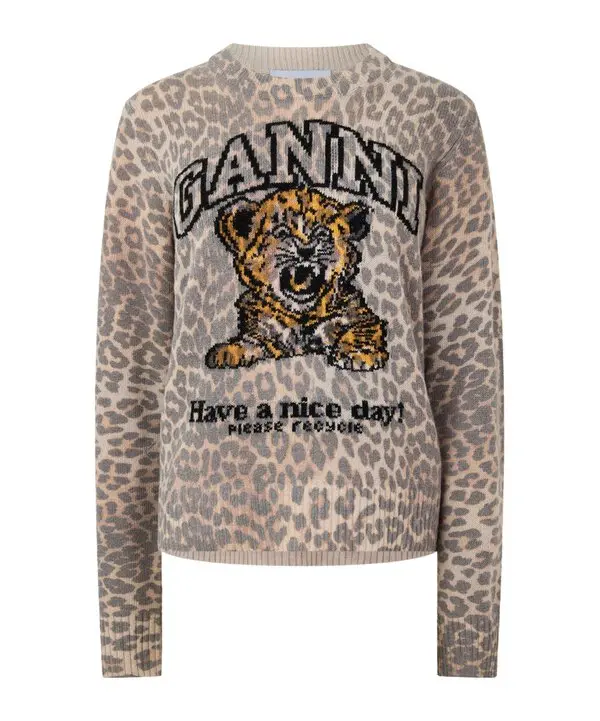 GANNI Leopard Print Tiger Graphic Crew Neck Sweater