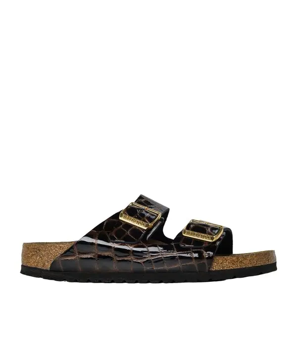 BIRKENSTOCK Glossy Crocodile-effect Slide Sandals With Metal Buckles