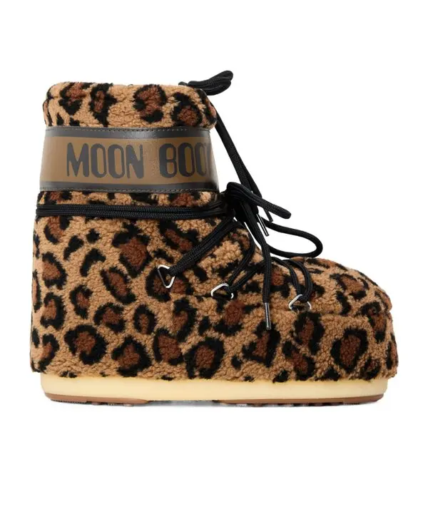 Moon Boot Leopard Print Fleece Lace-up Boots - Brown