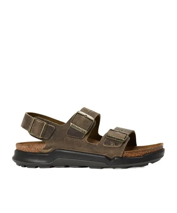 BIRKENSTOCK Distressed Leather Slide Sandals With Adjustable Buckles