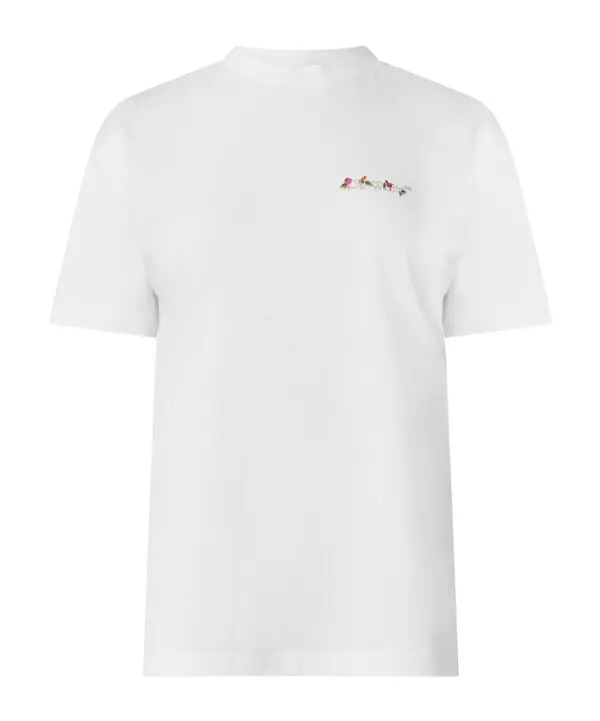 Off-White Crewneck Cotton Tee With Floral Embroidery And Print