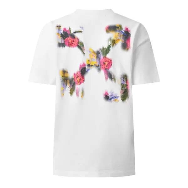Off-White Crewneck Cotton Tee With Floral Embroidery And Print