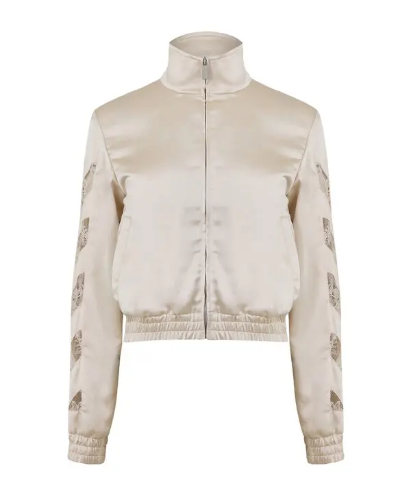 Off-White Cropped Zip-up Jacket With Lace Detailing - No