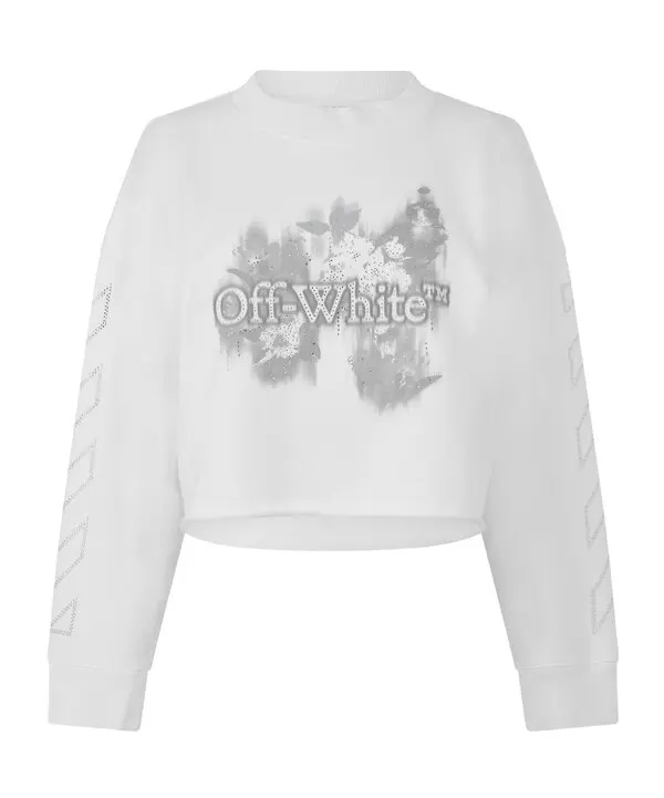 Off-White Cropped Crewneck Sweatshirt With Floral Graphic - No