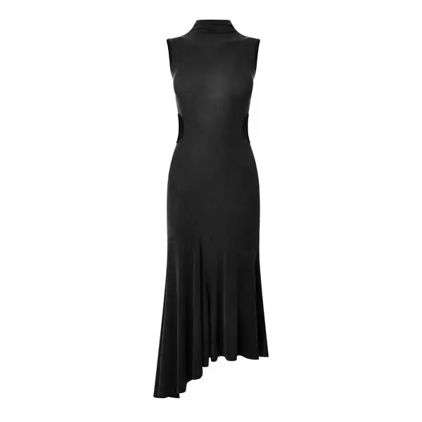 Off-White Sleeveless High Neck Ribbed Stretch Knit Midi Dress