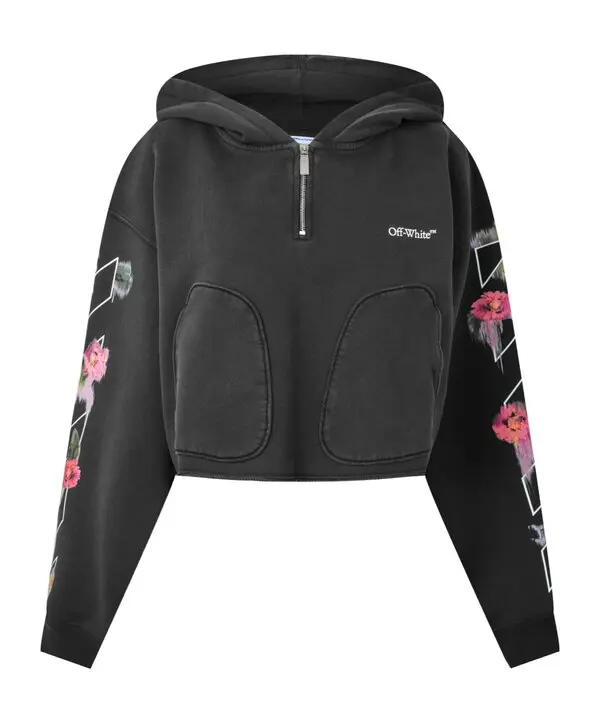 Off-White Cropped Half-zip Hoodie With Floral Geometric Sleeve Detail