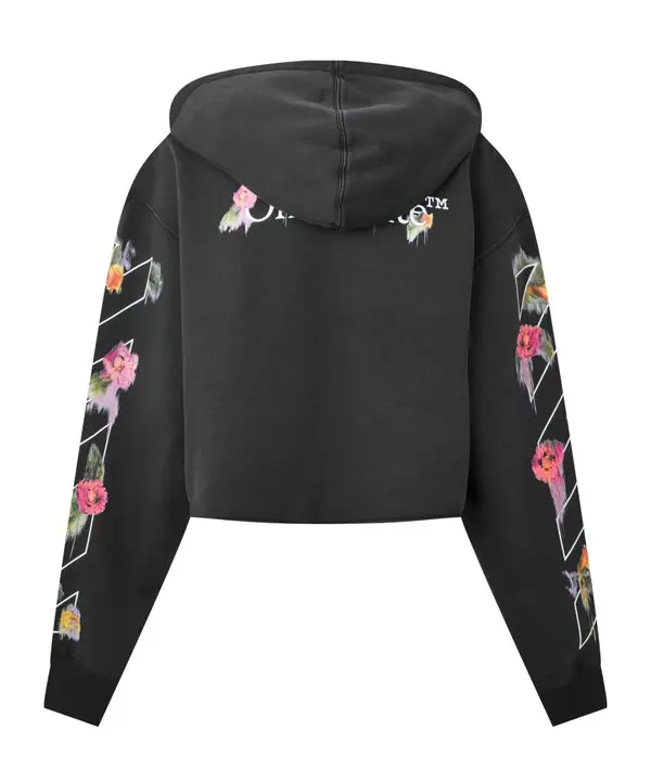 Off-White Cropped Half-zip Hoodie With Floral Geometric Sleeve Detail