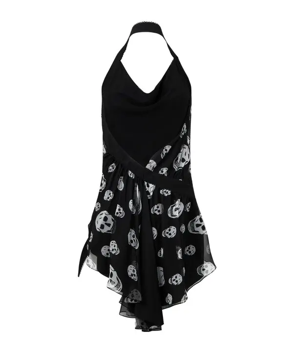 Alexander McQueen Skull Print Asymmetrical Halterneck Dress