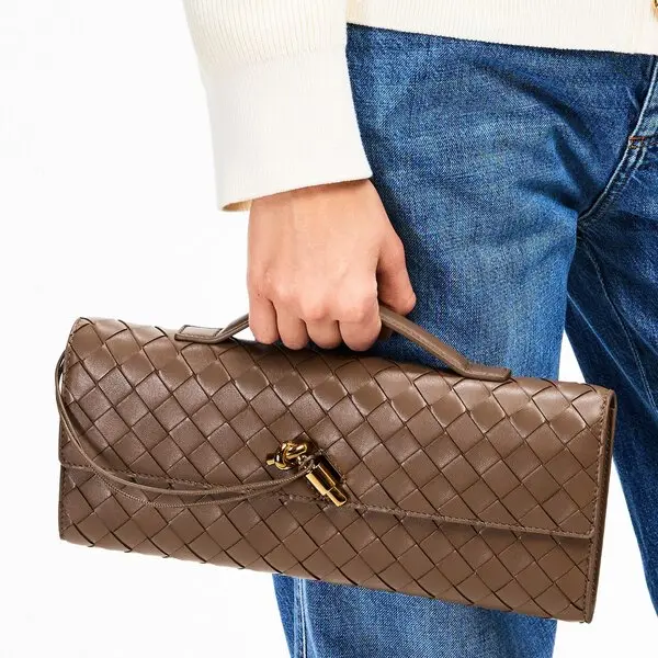 Bottega Veneta Woven Sheepskin Clutch With Top Handle - Brown