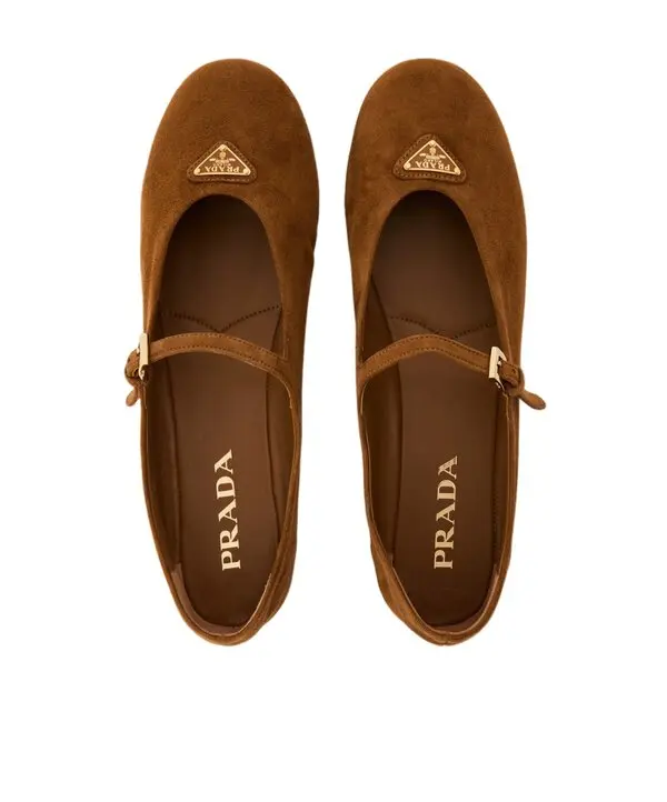 Prada Triangle Logo Suede Ballerinas - Brown
