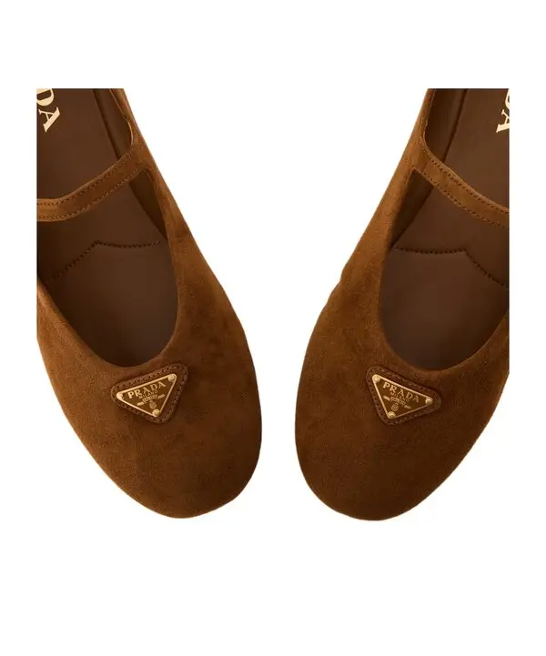Prada Triangle Logo Suede Ballerinas - Brown