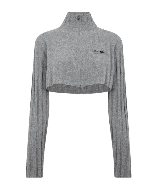Miu Miu Cropped Ribbed Knit Cardigan With Mock Neck And Half-zip