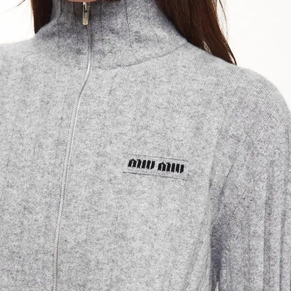 Miu Miu Cropped Ribbed Knit Cardigan With Mock Neck And Half-zip