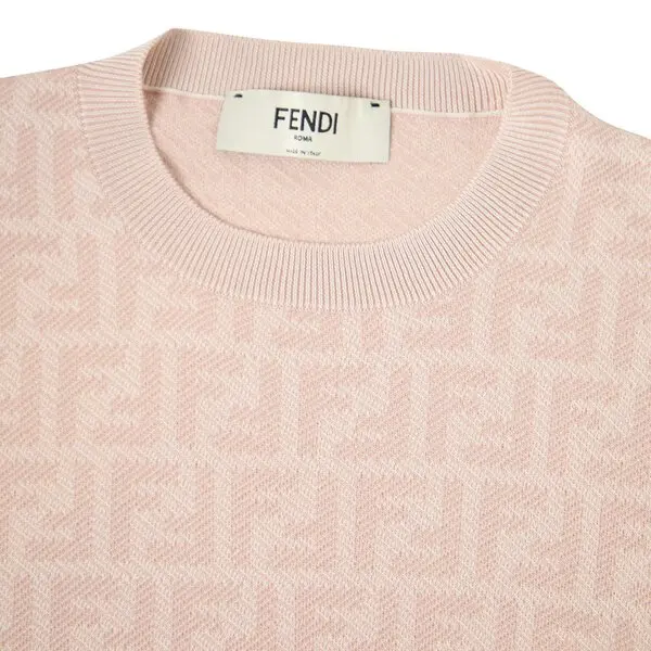 Fendi Short Sleeve Crew Neck Knit Top With Ff Jacquard - Nude