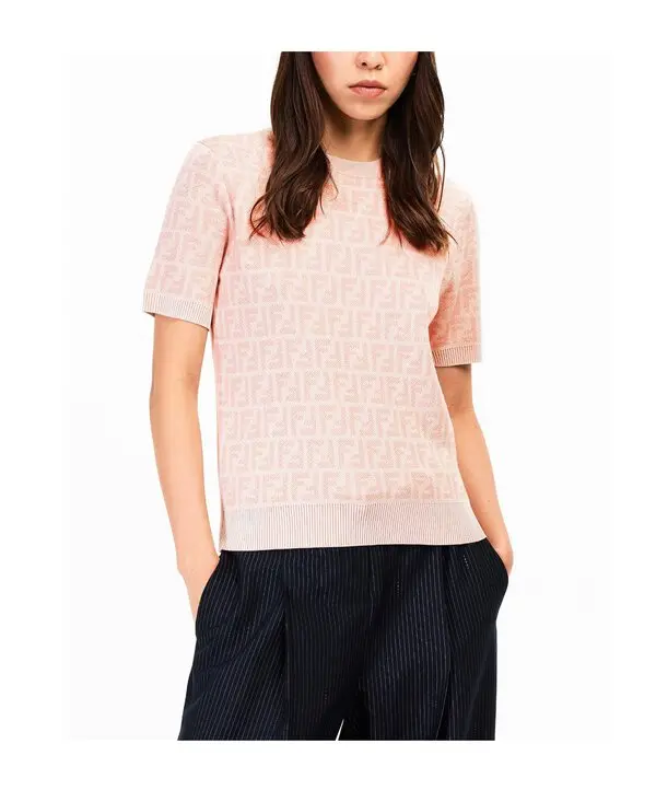 Fendi Short Sleeve Crew Neck Knit Top With Ff Jacquard - Nude