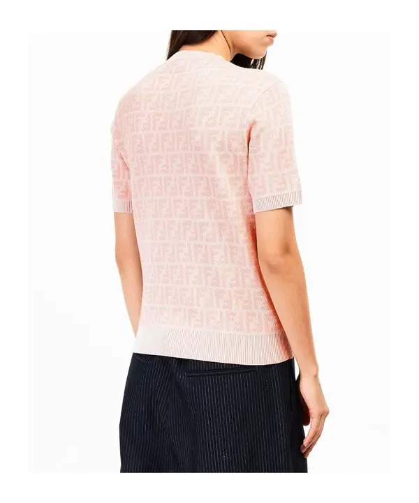 Fendi Short Sleeve Crew Neck Knit Top With Ff Jacquard - Nude