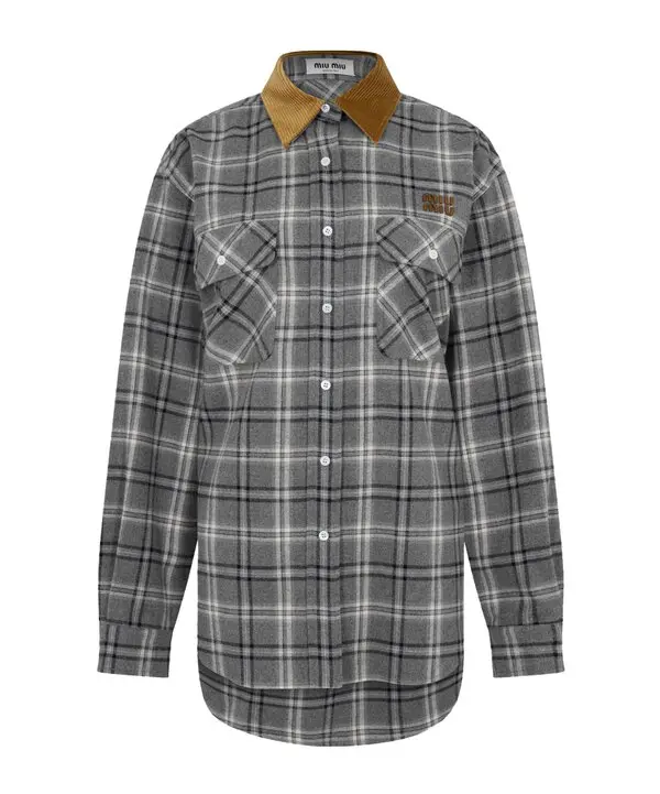 Miu Miu Plaid Long Sleeve Shirt With Corduroy Collar