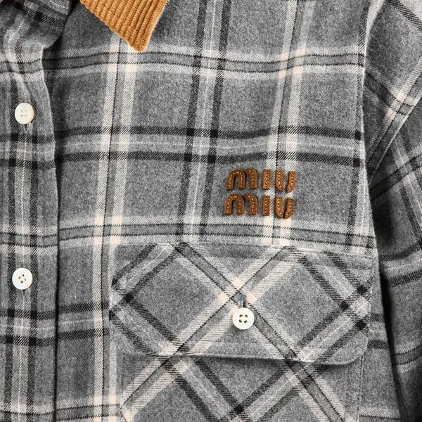 Miu Miu Plaid Long Sleeve Shirt With Corduroy Collar