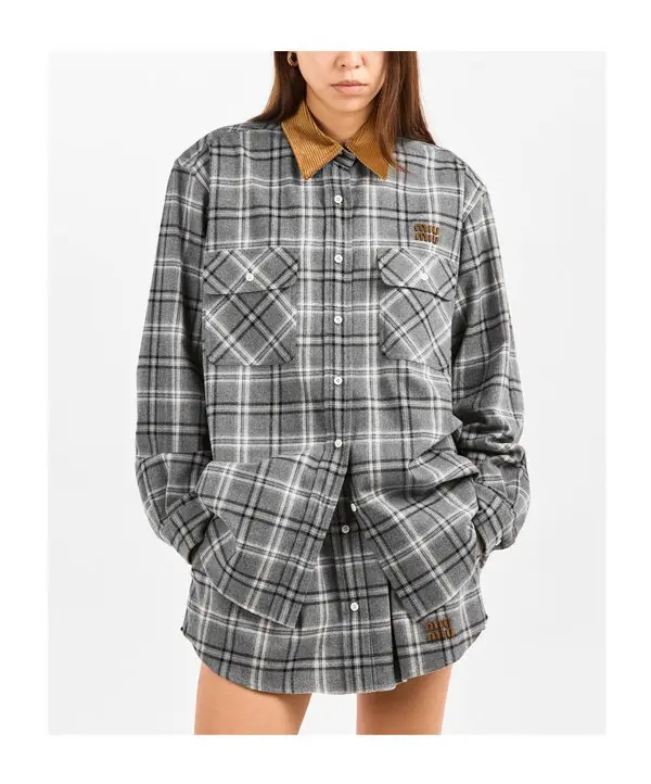 Miu Miu Plaid Long Sleeve Shirt With Corduroy Collar