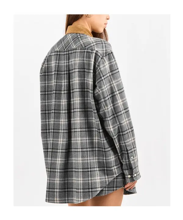Miu Miu Plaid Long Sleeve Shirt With Corduroy Collar