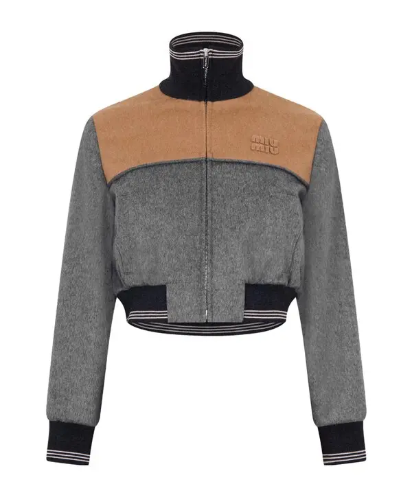 Miu Miu Two-tone Cropped Zip-up Jacket With Striped Trim