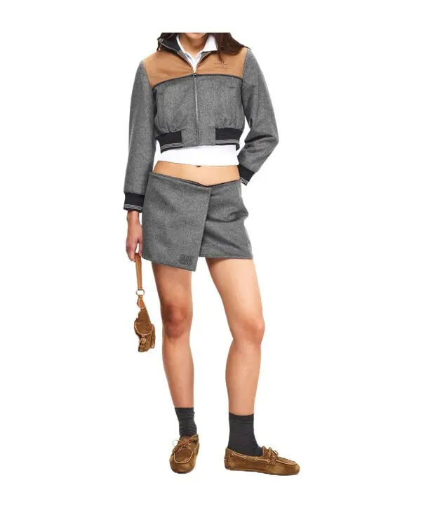 Miu Miu Two-tone Cropped Zip-up Jacket With Striped Trim