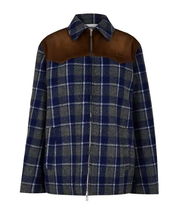 Miu Miu Wool-blend Zip-up Shirt Jacket With Suede Yoke
