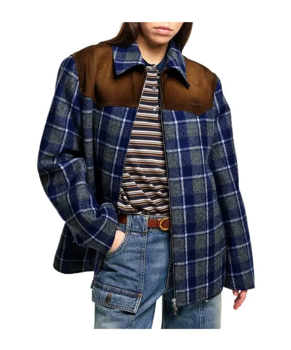 Miu Miu Wool-blend Zip-up Shirt Jacket With Suede Yoke