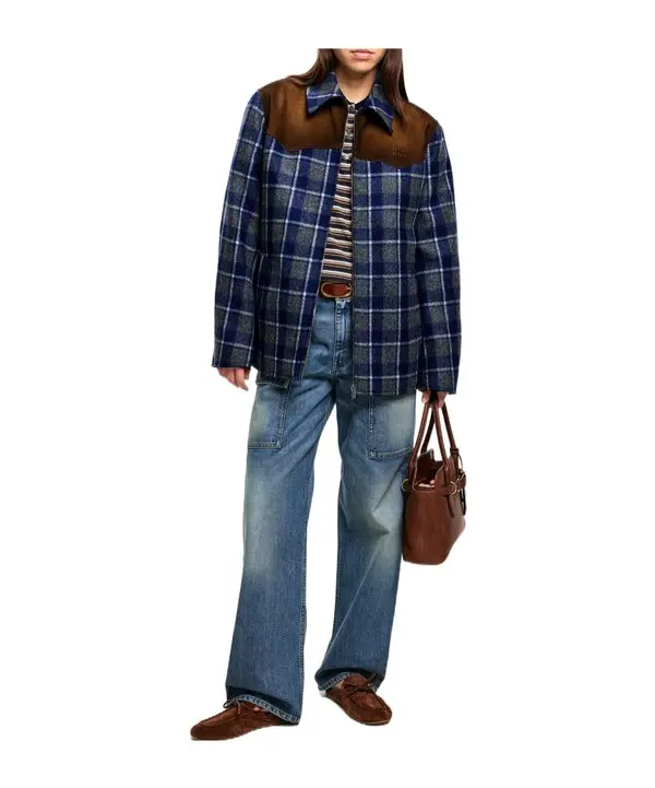 Miu Miu Wool-blend Zip-up Shirt Jacket With Suede Yoke