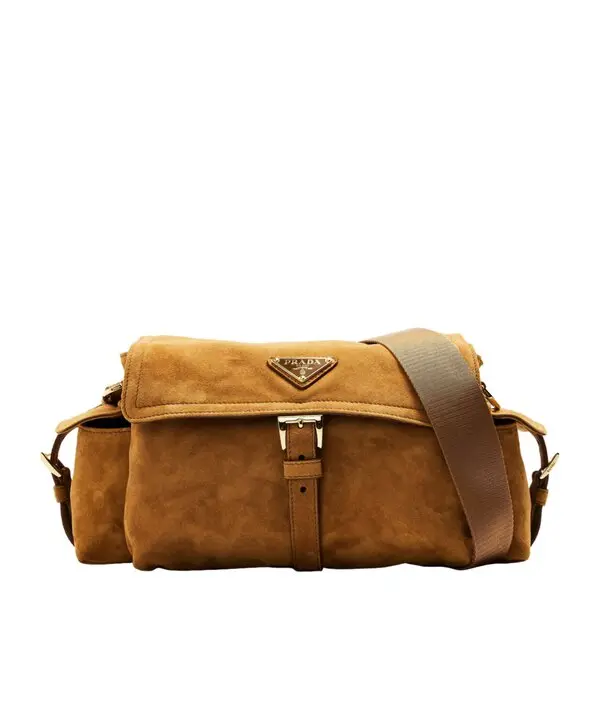 Prada Explore Medium Suede Shoulder Bag With Flap - Brown