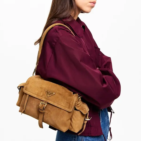 Prada Explore Medium Suede Shoulder Bag With Flap