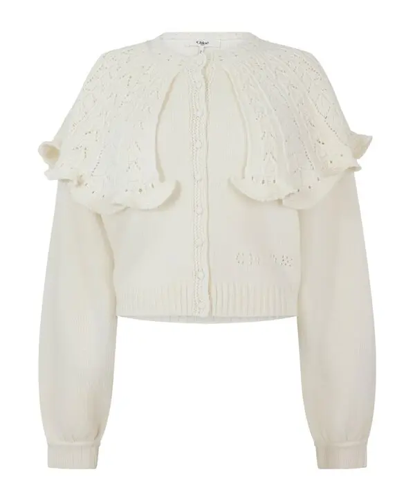 Chloé Off- Cropped Knit Cardigan With Ruffle Overlay