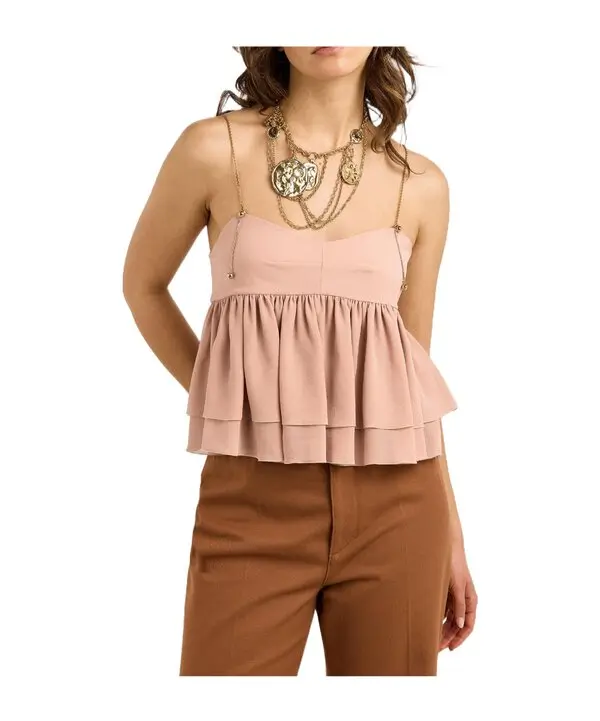 Chloé Peplum Camisole Top With Chain Straps And Ruffle Hem