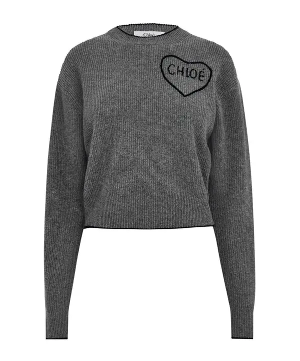 Chloé Cropped Crew Neck Sweater With Heart Embroidery - Black