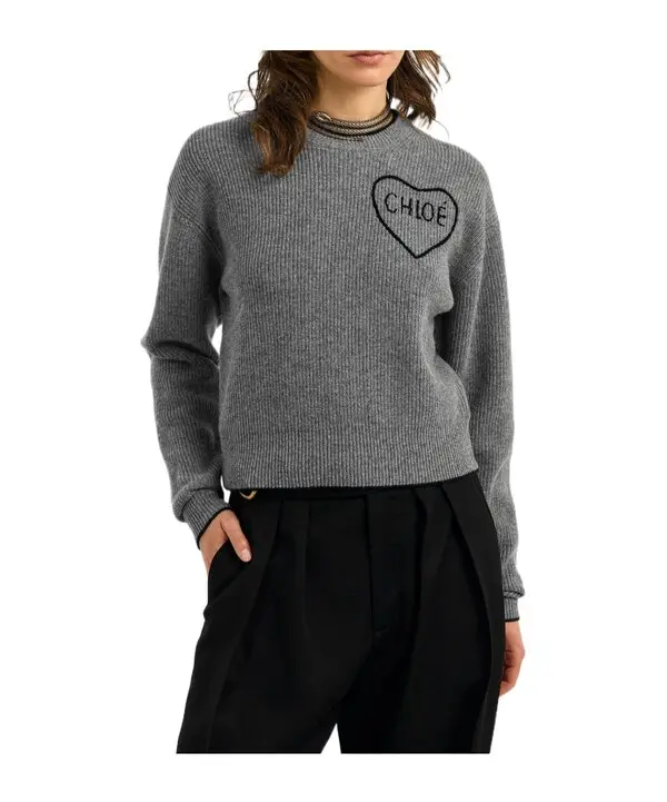 Chloé Cropped Crew Neck Sweater With Heart Embroidery - Black