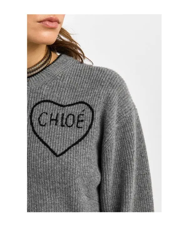 Chloé Cropped Crew Neck Sweater With Heart Embroidery - Black
