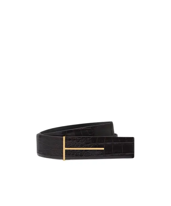 TOM FORD Crocodile-patterned Belt With Gold T Buckle